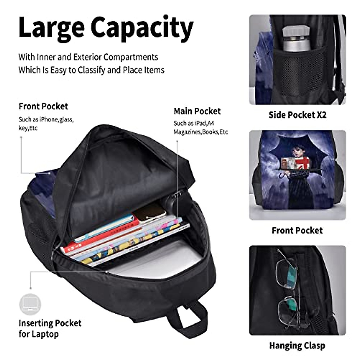 Wednesday Addams Dance Backpacks Set for Boys Girls Backpack with Lunch Box Lunch Bag Pencil Case Pencil Bag