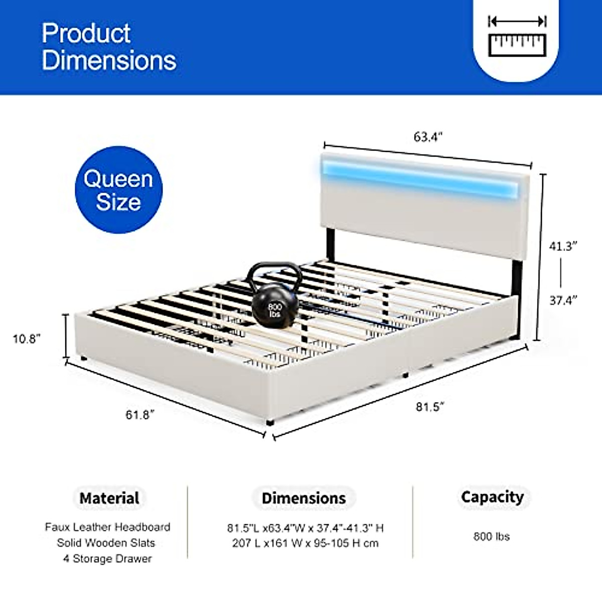 IKIFLY LED Bed Frame with 4 Storage Drawers, Upholstered Queen Size Storage Bed with Adjustable Headboard & LED Lights, Mattress Foundation, No Box Spring Needed, Easy Assembly - White/Queen