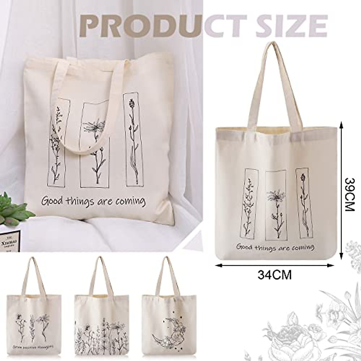 4 Pcs Canvas Tote Bag for Women Floral Cat Mushroom Tote Bags Aesthetic Reusable Shopping Tote Bag for Girls Christmas Gift(Wildflower)