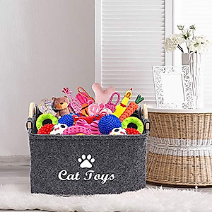 Geyecete CAT Toys Storage Bins - with Wooden Handle,Collapsible Pet Supplies Storage Basket Pet supplies storage Basket/Bin Kids Toy Chest Storage Trunk-CAT (Grey)