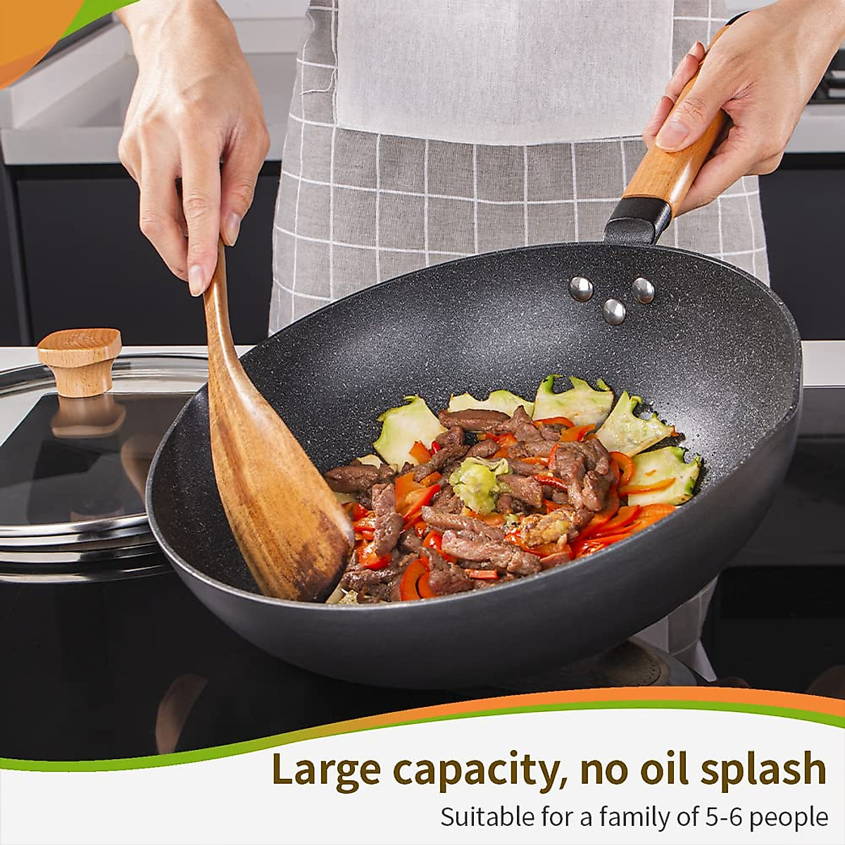 Wok Stir Fry Pan with Lid, Nonstick Woks Pan 12 Inch, 100% PFOA-Free Coating, Non Stick Cooking Frying Pans with Detachable Wooden Handle, Induction Compatible, Black