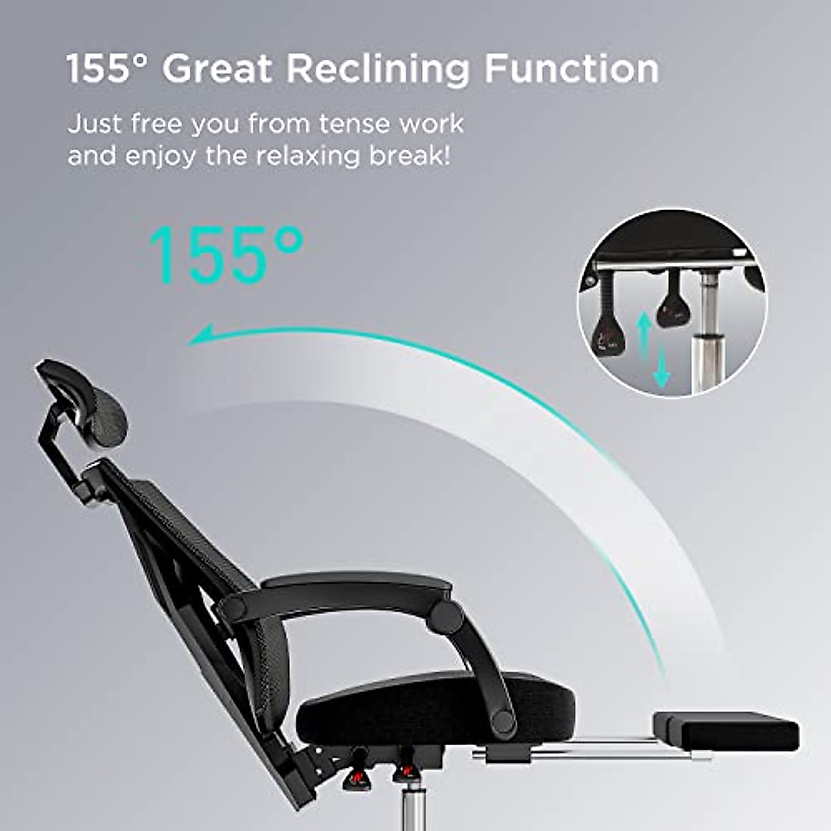 Hbada Ergonomic Office Chair High Back Desk Chair Recliner Chair with Lumbar Support Height Adjustable Seat, Headrest- Breathable Mesh Back Soft Foam Seat Cushion with Footrest, Black