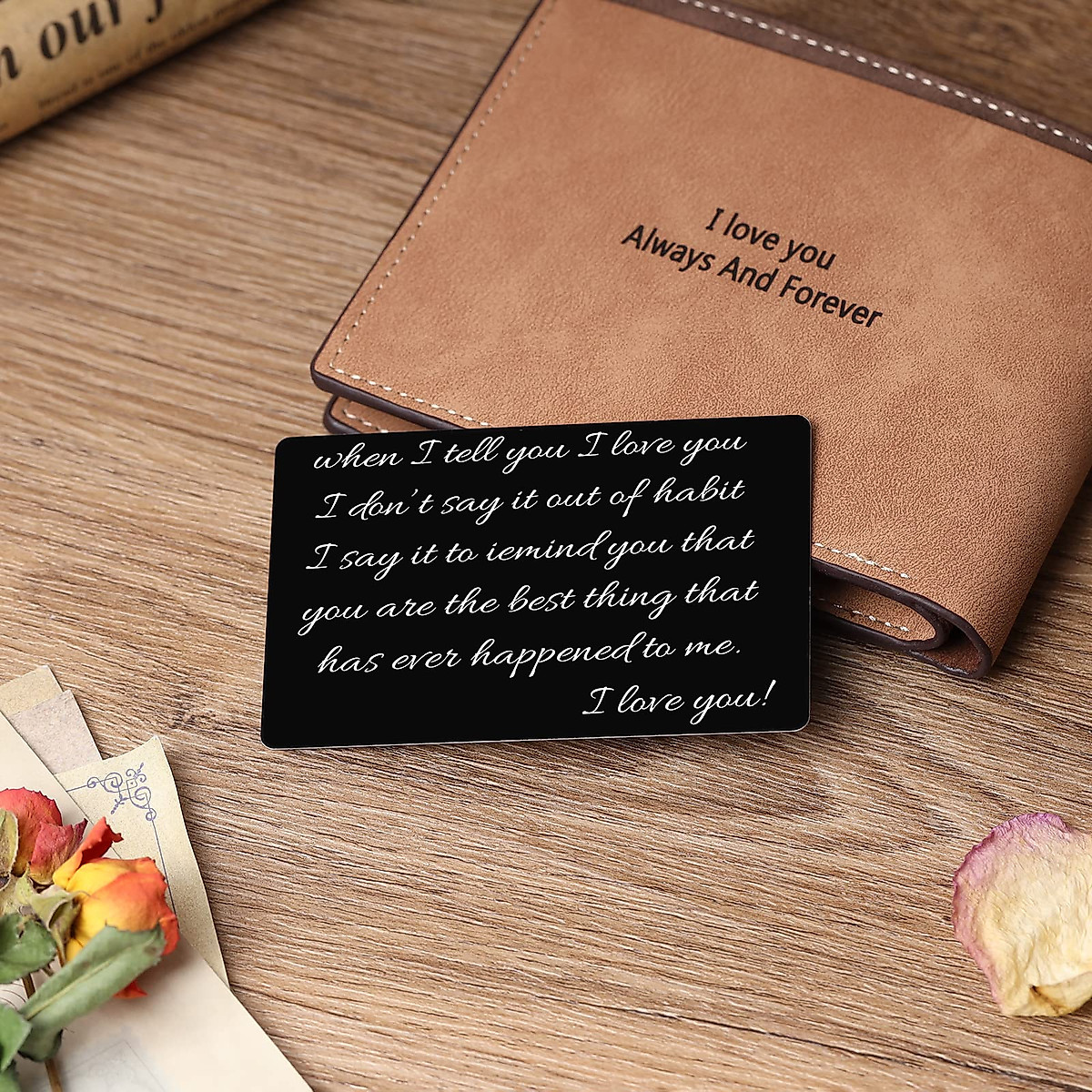 Nobelook Personalized Metal Wallet Photo Card Two Sides Custom Engraved Text Message Wallet Card Insert Gifts (Black)