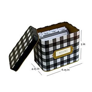 Indigo Essentials Plaid Tin Recipe Box with Cards and Dividers - Black and White Recipe Card Holder, Recipe Card Box and Recipe Cards 4x6, Metal Recipe Box, Decorative Tin Box
