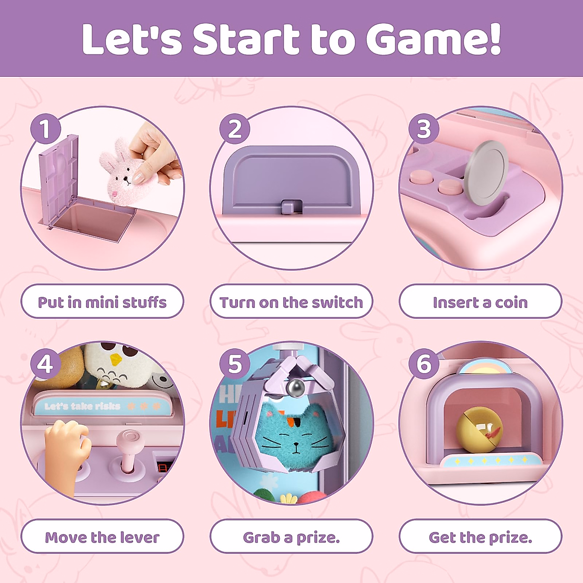 DOLIVE Claw Machine Doll Capsule ,Kids Machines with 6 Dolls 10 Capsule Toys, Grabber Plush, Electronic Adjustable Sounds and Music, Dispenser Arcade Game Toys for Boys Girls