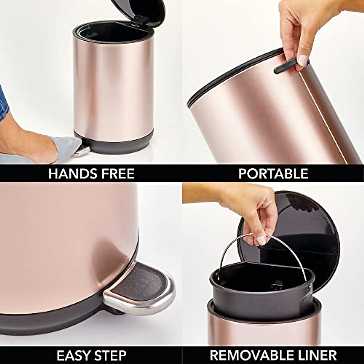 mDesign Slim Stainless Steel Toilet Bowl Brush and Holder + Round Gallon Step Garbage Can Wastebasket Bin for Bathroom Cleaning/Storage - Holder for Garbage and Waste - Set of 2 - Rose Gold/Black