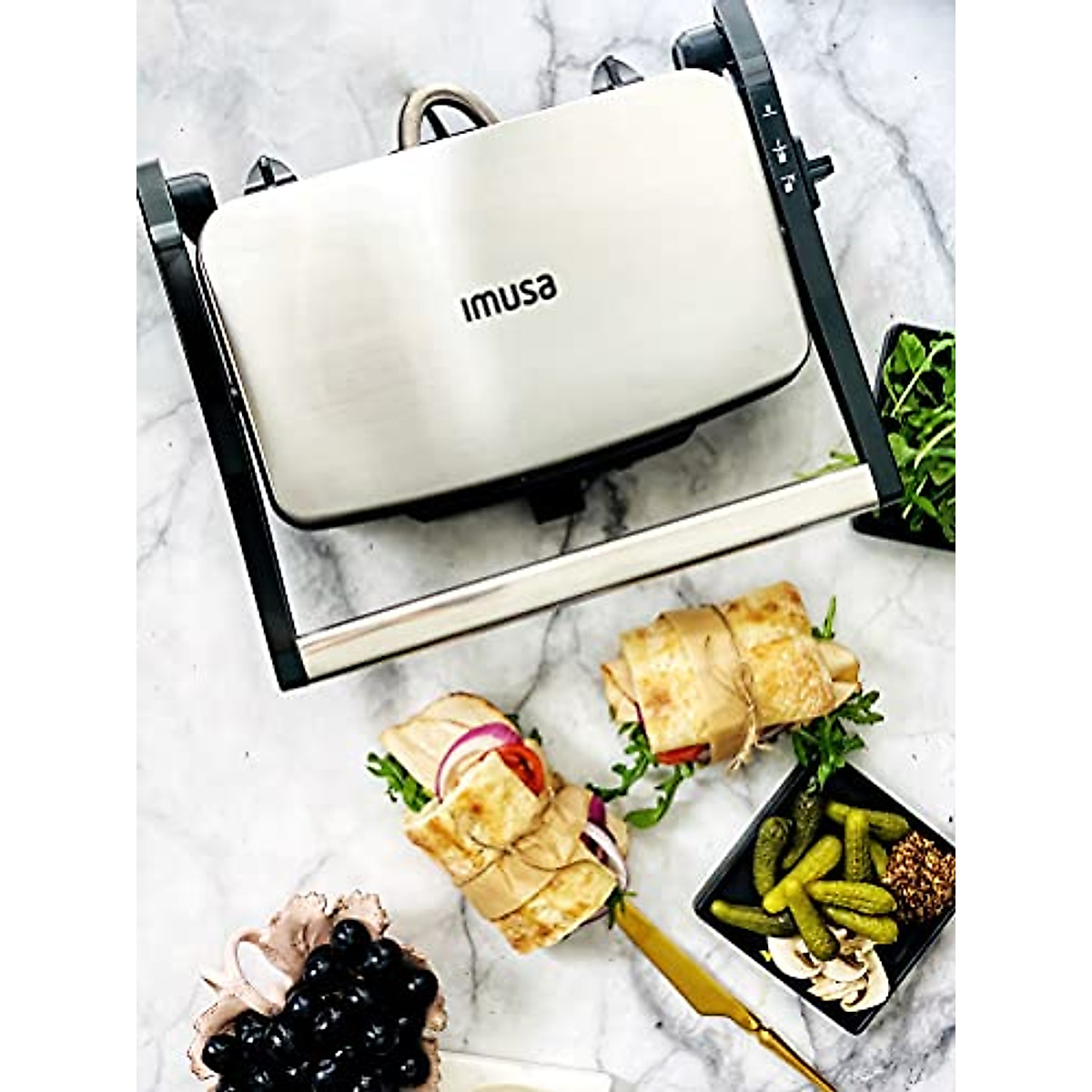 IMUSA USA Electric Stainless Steel Panini Press with Adjustable Temperature Settings and Nonstick Plates, 1200W