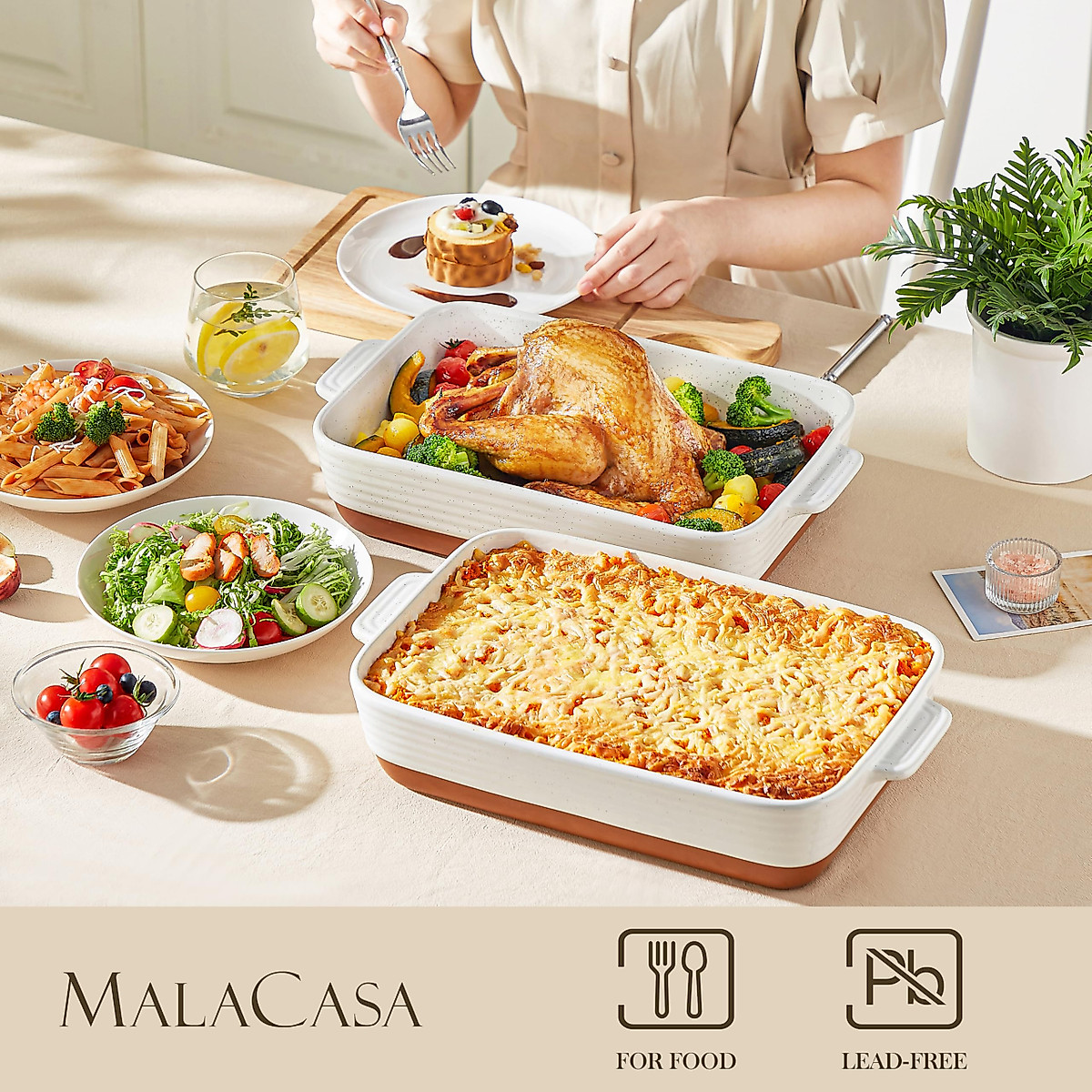 MALACASA 4.8 Quarts Ceramic Baking Dish with Handles, 9 x 13 Inches Casserole Dish, Deep Rectangular Lasagna Pan, Khaki & White Oven Safe Bakeware for Baking, Roasting, Series Tara