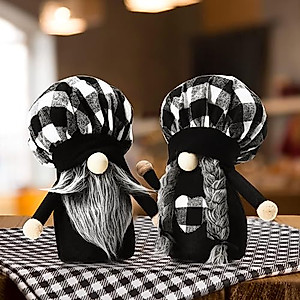 YuQi 2PCS Plaid Kitchen Chef Gnomes Plush, Black White Plaid Couple Cooking Gnome Elf Doll for Home Table Display Ornament, Unique Chriatmas Gifts Ideas