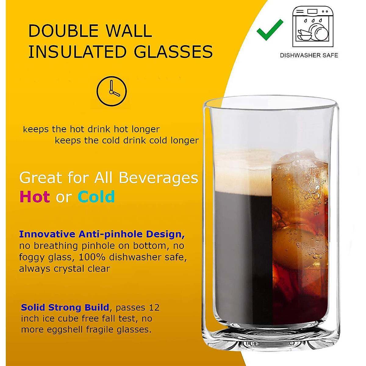Sun's Tea Double Wall Insulated Glass Tumbler, 16oz (450ml) Highball Glass Cups for Beer, Lemonade, Iced Tea, Tropical Drink, Cocktail, Smoothie, Mojito and Mixed Drinks, Set of 2 - Collins Style