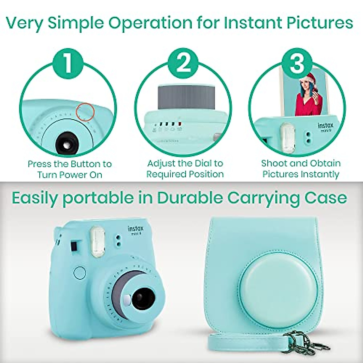 FujiFilm Instax Mini 9 Instant Camera + Fujifilm Instax Mini Film (60 Sheets) Bundle with Deals Number One Accessories Including Carrying Case, Selfie Lens, Photo Album (Ice Blue)