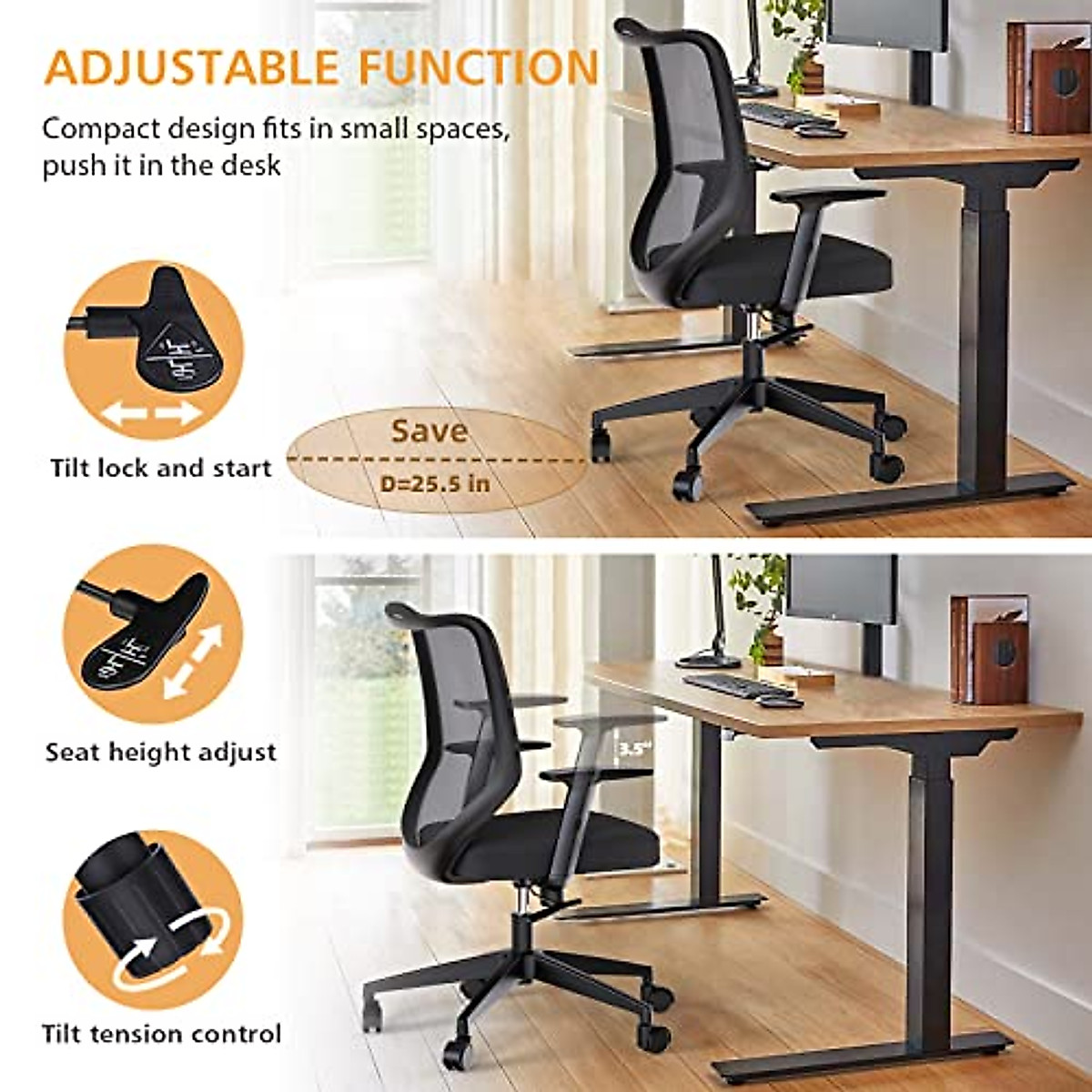 ETasker Ergonomic Office Chair Home: Mesh Desk Chair with Adjustable Arms - Mid Back Computer Chairs for Women Adults - Swivel Task Chair Comfortable for Home Office (Black)