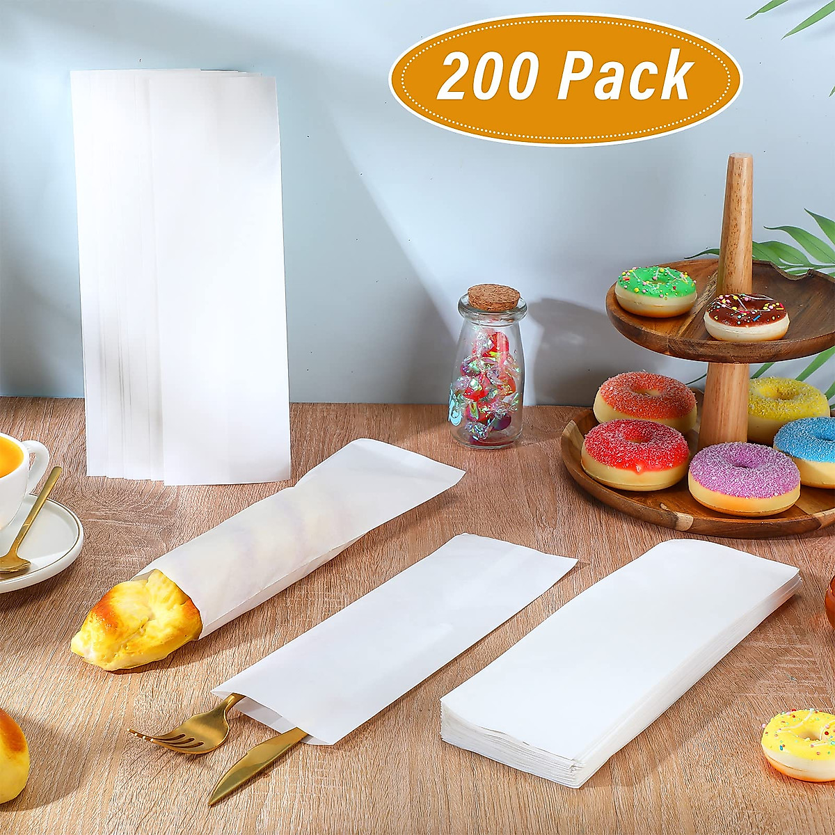 200 Pcs Kraft Paper Bags Kraft Churro Bags Grease Silverware Sleeves for Resistant Utensils Cutlery Cookies Bakery Candy Treats (White)