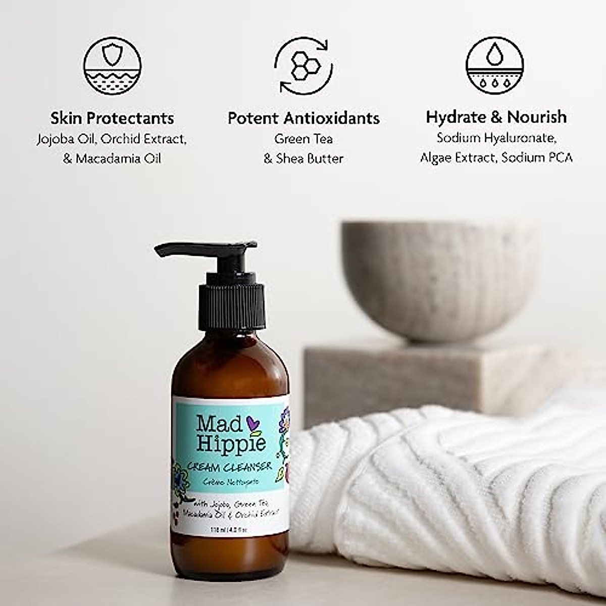 Mad Hippie Cream Cleanser - Hydrating Facial Cleanser with Jojoba Oil, Green Tea, Orchid Extract, and Hyaluronic Acid, Gentle Face Cleanser for Women/Men with Dry, Sensitive Skin, 4 Fl Oz (Pack of 2)
