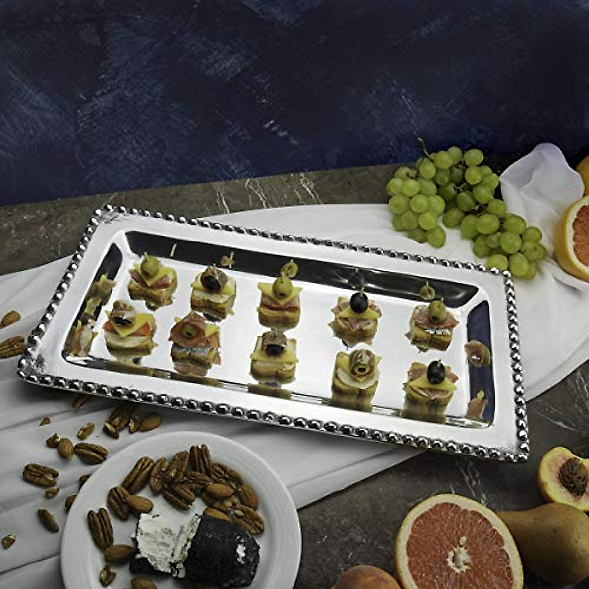Personalized Rectangular Pearls Serving Tray- Handcrafted, Rectangular Silver Tray, Tray for Whiskey Decanter, Candle Sticks, Vanity Set, Perfume Tray, and Serving Appetizer Plates