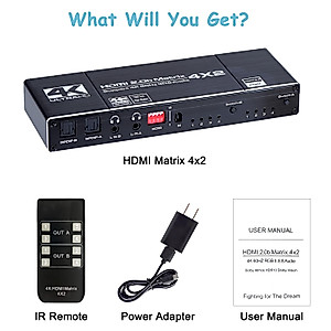 HDMI Matrix 4x2, 4K@60Hz HDMI Matrix Switch 4 in 2 Out with EDID Extractor and IR Remote Control, Support HDMI 2.0b, HDCP2.2, HDR10, Ultra HD, 3D