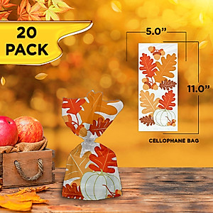 Unique Fall Leaves Cellophane Bags | 20 Count | Autumn, Fall, Thanksgiving and Halloween Party Favor Gift Bag