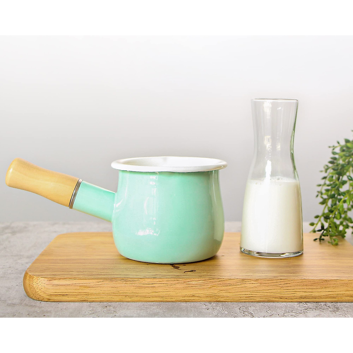Enamel Milk Pan, Mini Butter Warmer 4 Inch 550ml Milk Pot Half Quart Saucepan Small Enamelware with Wooden Handle for Heating Milk, Melting Butter, Boiling Water