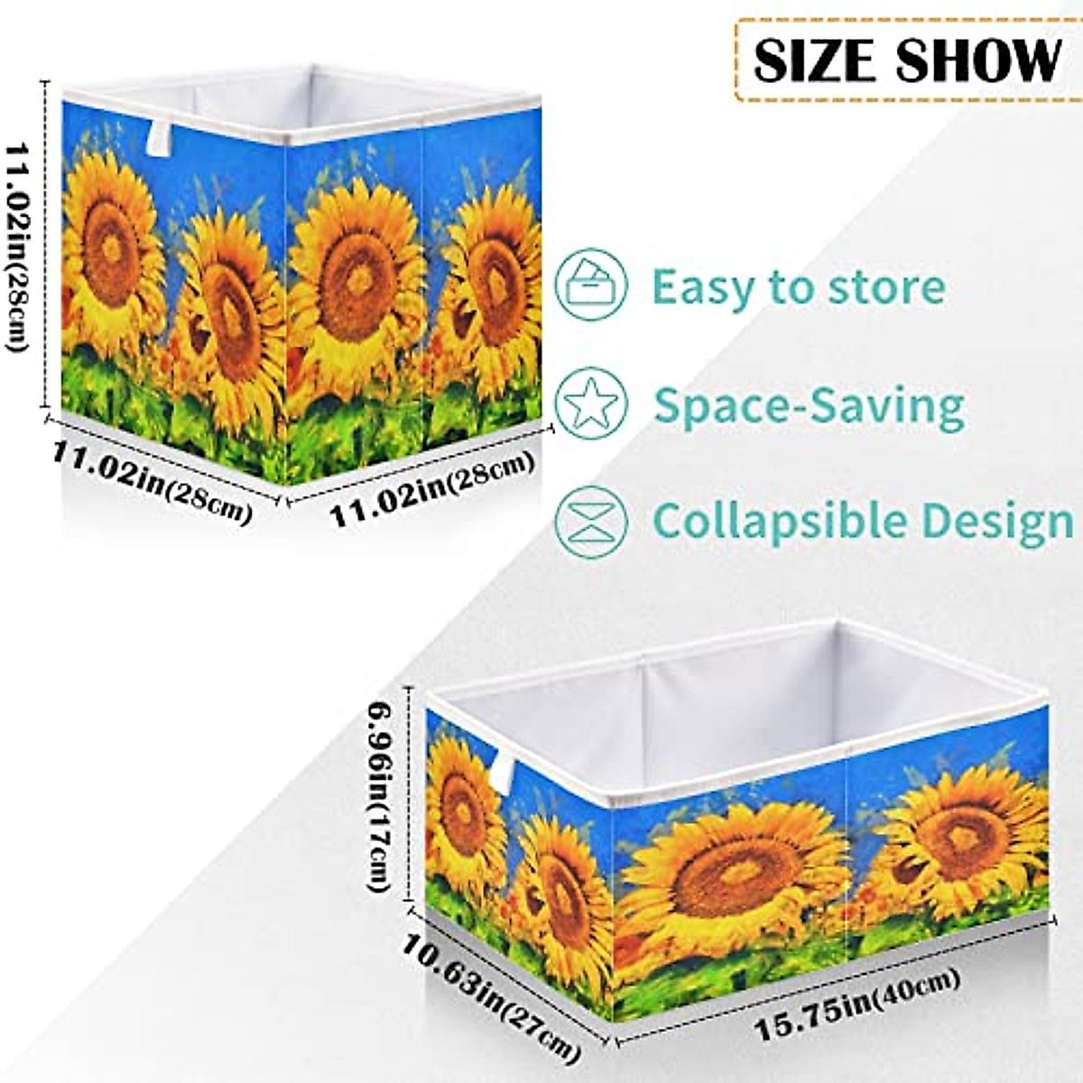 visesunny Closet Baskets Sunflowers Oil Painting Storage Bins Fabric Baskets for Organizing Shelves Foldable Storage Cube Bins for Clothes, Toys, Baby Toiletry, Office Supply