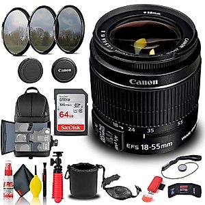 Canon EF-S 18-55mm f/3.5-5.6 is II Lens (2042B002) + Filter Kit + Backpack + 64GB Card + Lens Pouch + Card Reader + Tripod + Memory Wallet + Cap Keeper + Cleaning Kit + Hand Strap + More (Renewed)