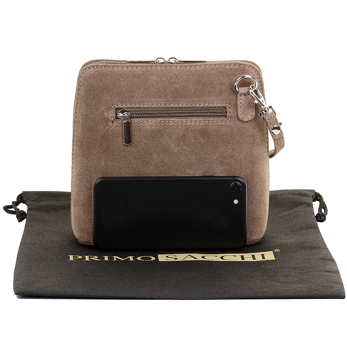 PRIMO SACCHI Ladies Italian Suede Leather Small Micro Dark Beige Crossbody Shoulder Bag Handbag Purse