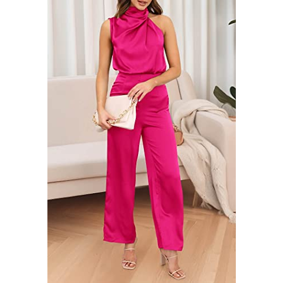 PRETTYGARDEN Women's Satin Jumpsuits 2024 Summer One Piece Outfits Mock Neck Sleeveless Wide Leg Pants Rompers (Rose Red,Medium)