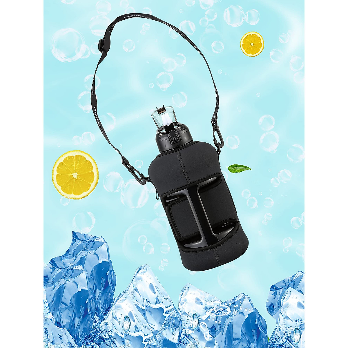 YOUCAN PLATO 74 oz Half Gallon Water Bottle with Sleeve-Large Water Bottle -Big Gym Water Bottle for Man or Women with Straw- Gallon Water Jug with Handle -BPA Free- Leakproof, Workout bottle,Black