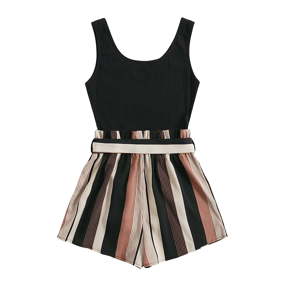 SOLY HUX Women's Summer Sleeveless Belted Tank Romper Short Jumpsuit Black M