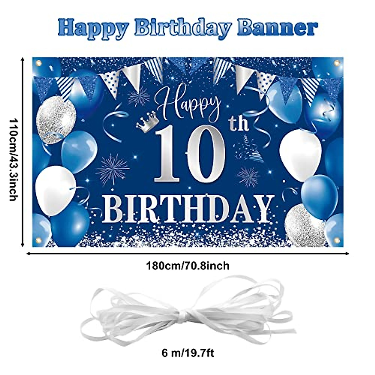 10th Birthday Banner Backdrop,BTZO Happy 10th Birthday Decorations,Blue Silver Fabric Photo Backdrop Background for Boys and Girls 10th Birthday Party,70.8 x 43.3Inch