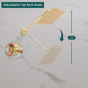 Hoimpro Adjustable Extension Shower Arm Shower System with 8 Inch Rain Shower Head Wall Mounted Shower Kit, Bathroom Rainfall Shower Faucet Fixture Combo Set with Rough-in Valve Body, Brushed Gold