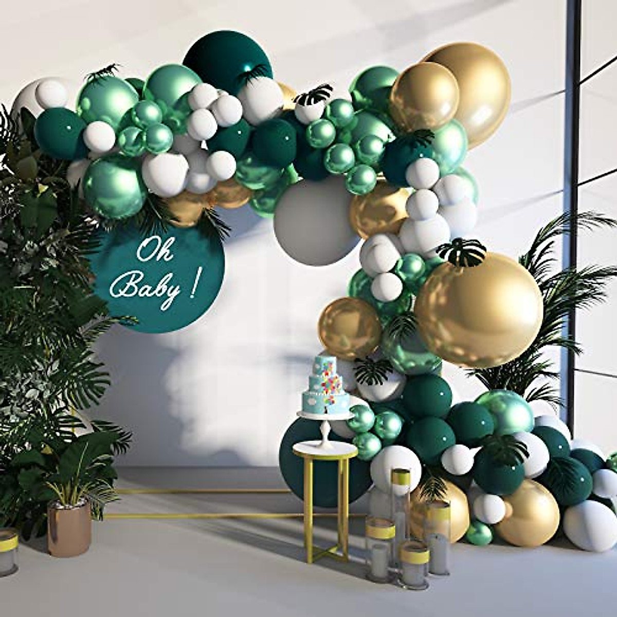 Soonlyn Jungle Party Decorations Balloon Garland Arch Kit 125 Pcs, Double Stuffed Emerald Green Gold Matellic White Balloons with Large Leaves for Safari Birthday Party Decorations Baby Shower