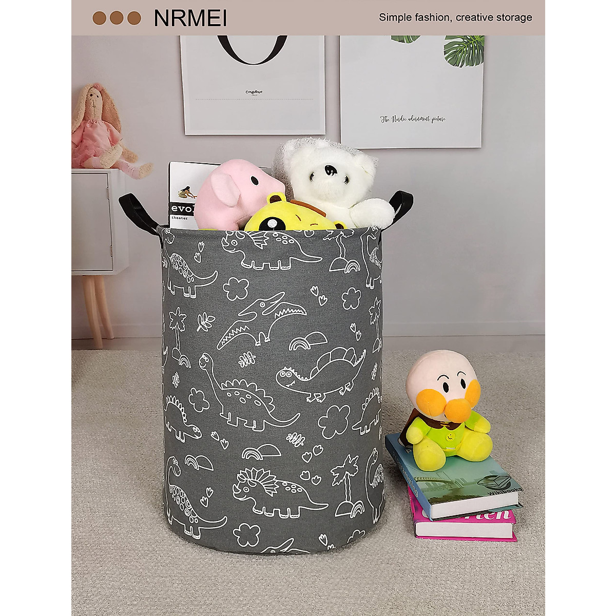 NRMEI Round Storage Basket Laundry Basket Foldable Waterproof Coating Nursery Hamper for Living Room Bedroom and Clothes Toys(Round Line Dinosaur),19.7inchH x 15.7inchD inches