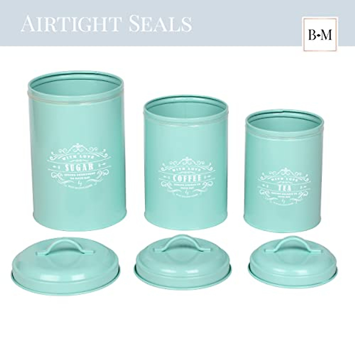 Baie Maison Large Turquoise Farmhouse Canister Sets for Kitchen Counter Airtight - Set of 3 Rustic Coffee, Sugar Tea Storage Containers - Teal Decor Jars - Vintage Kitchen Canisters Set for Countertop