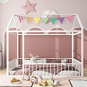 HZANHY Twin House Bed for Kids, Montessori Floor Bed with Rails, Metal Floor Bed Frame for Boys Girls Toddlers, Playhouse Bed with Roof, Twin Kids Bed Floor Bed with Post Foot Pads for Teen