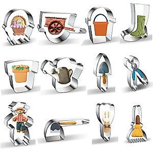 Garden Tool Cookie Cutter Set 12-Piece Farm Tools Cookie Cutters Shapes for Kids - Scarecrow Watering Can Rain Boot Basket Bucket Flower Pot Shovel Scissor Pickaxe Broom Garden Cookie Cutters Molds