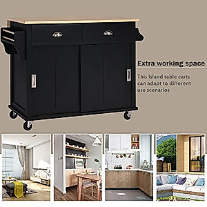 Kitchen Utility Cart, Rolling Kitchen Island on 4 Wheels with Sliding Barn Door, Mobile Kitchen Cart with Rubber Wood Drop Leaf Countertop, Kitchen Storage Cabinet with 2 Drawers & Spice Rack, Black