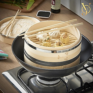 YJ DESIGNS 12 Pcs Stainless Steel Bamboo Steamer Basket Complete Kit- 10 inch (2 Tiers) - Dumpling Steamer Veggie Bamboo basket - Vegetable Food Steamer for Cooking - Rice steamer - Steam Pot Basket