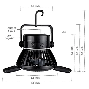 Misby Camping Fan with LED Lights, Rechargeable Portable Tent Fan with Hanging Hook, Portable Quiet Battery Powered USB Desks Fan for Camping,Picnic, Barbecue, Fishing, Home & Office (Black)…