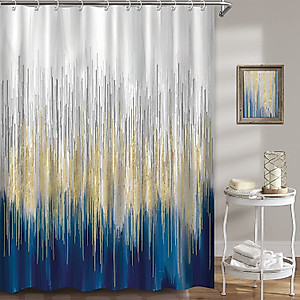 Ouyisha Blue and Gray Ombre Shower Curtain Navy Gold Modern Abstract Shower Curtains for Bathroom Contemporary Oil Painting Striped Fabric Shower Curtain Set Waterproof with Hooks, 72" X 72"
