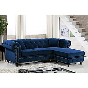 Meridian Furniture Sabrina REVERSIBLE 2 Piece Button Tufted Velvet Sectional with Scroll Arms, Nailhead Trim, and Custom Wood Legs, Navy