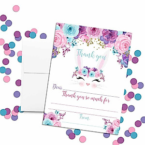 Bunny Face with Pink Blue and Purple Watercolor Flowers Birthday Thank You Notes, Ten 4" x 5.5" Fill In The Blank Cards with 10 White Envelopes by AmandaCreation