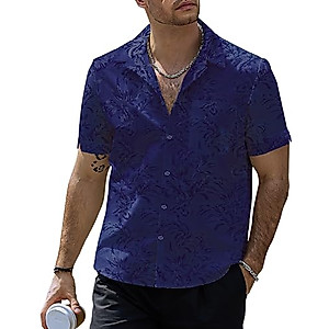 VATPAVE Men's Hawaiian Floral Jacquard Shirt - Casual Button Down Short Sleeve Summer Shirt With Pocket - XX-Large Navy Flower