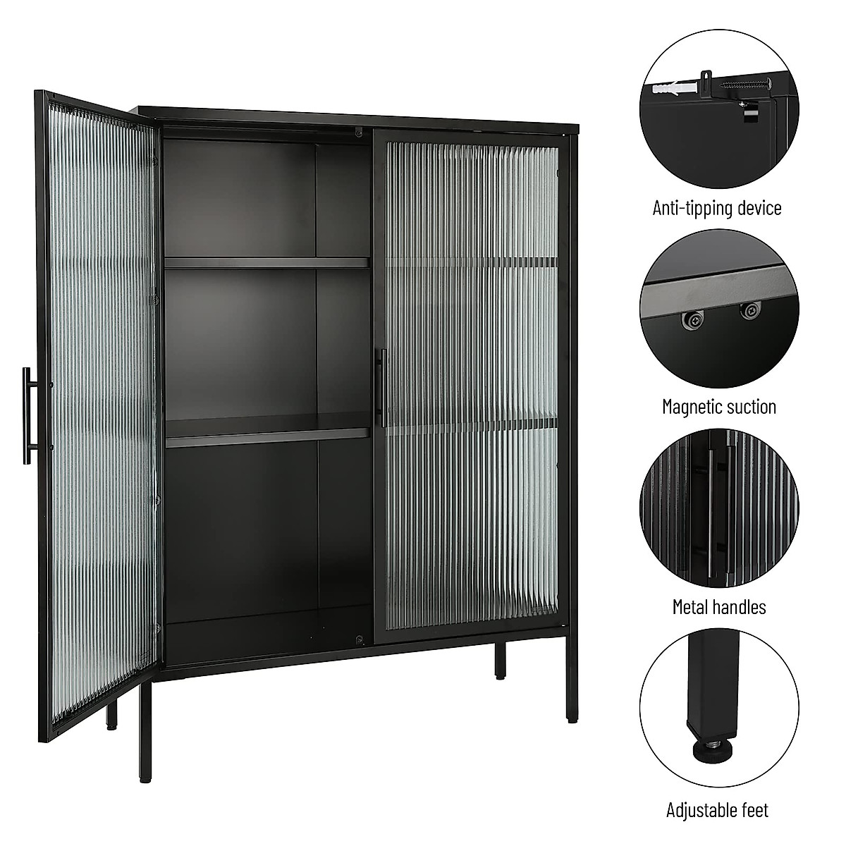 DiMorture 48 Inch-Height Double Glass Door Storage Cabinet, Sideboard Cupboard with Adjustable Shelves, Steel Display Cabinet Credenzas Console Table for Kitchen Entryway, Black
