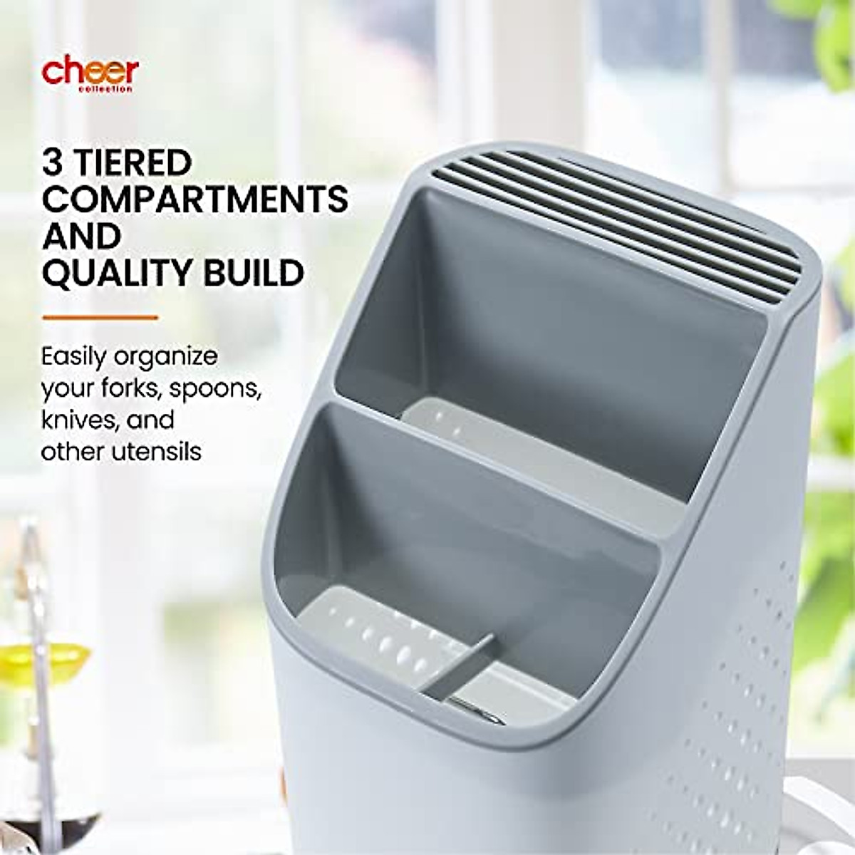Cheer Collection Kitchen Utensil Organizer and Drainer, Cutlery Holder and Strainer with 3 Divided Compartments, Sink Flatware Caddy Countertop Organizer, Dishwasher Safe, White