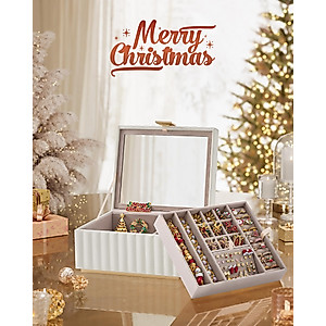 SONGMICS HOME ANAH Collection - 2-Tier Jewelry Box with Mirror, Jewelry Organizer, Removable Tray, PU Surface with Stitching, Floating Effect, 8.5 x 9.4 x 5.3 Inches, Christmas Gift, Cloud White