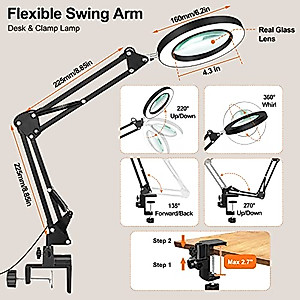BRISON Magnifying Desk Lamp with Clamp, 3 Adjustable Light, 10 Brightness 8X Magnifier Lamps for Reading/Office/Soldering/Crafts, Swing Arms LED Desk Lamp with Sleep Timer Function