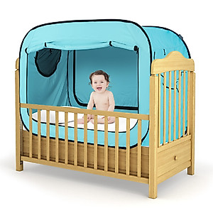Poray Pop Up Baby Bed Tent Privacy Tent for Toddler Sleeping with 2 Zipper Doors,Breathable Mesh Windows and Portable Carry Bag (Blue)
