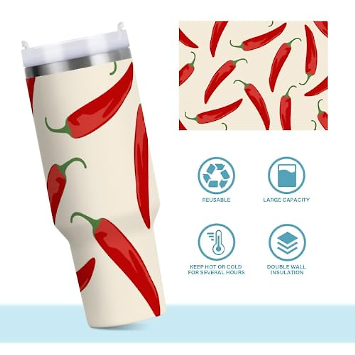DIGTIA Stainless Steel Insulated Tumbler w/Handle & Straw, Red Peppers Double Wall Vacuum Travel Coffee Mug Cup w/Lid, Leak-Proof Sports Green Water Bottle,30oz