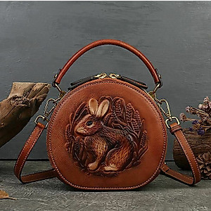 Handmade Women Genuine Cow Leather Shoulder Bag Handbag Purse Tote Rabbit Embossed Crossbody For Girl,For Women (Brown)