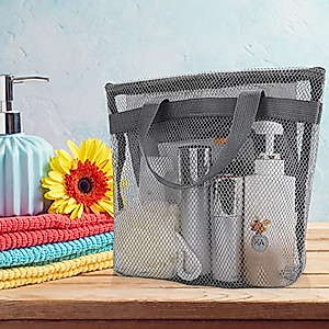 Grevosea Mesh Shower Caddy, Portable Shower Bag Quick Dry Shower Tote Bag with Zipper & 2 Pockets for College Dorms Gym Swimming Beach Travel Sports Games 10.6 * 7.8 Inch (Grey)